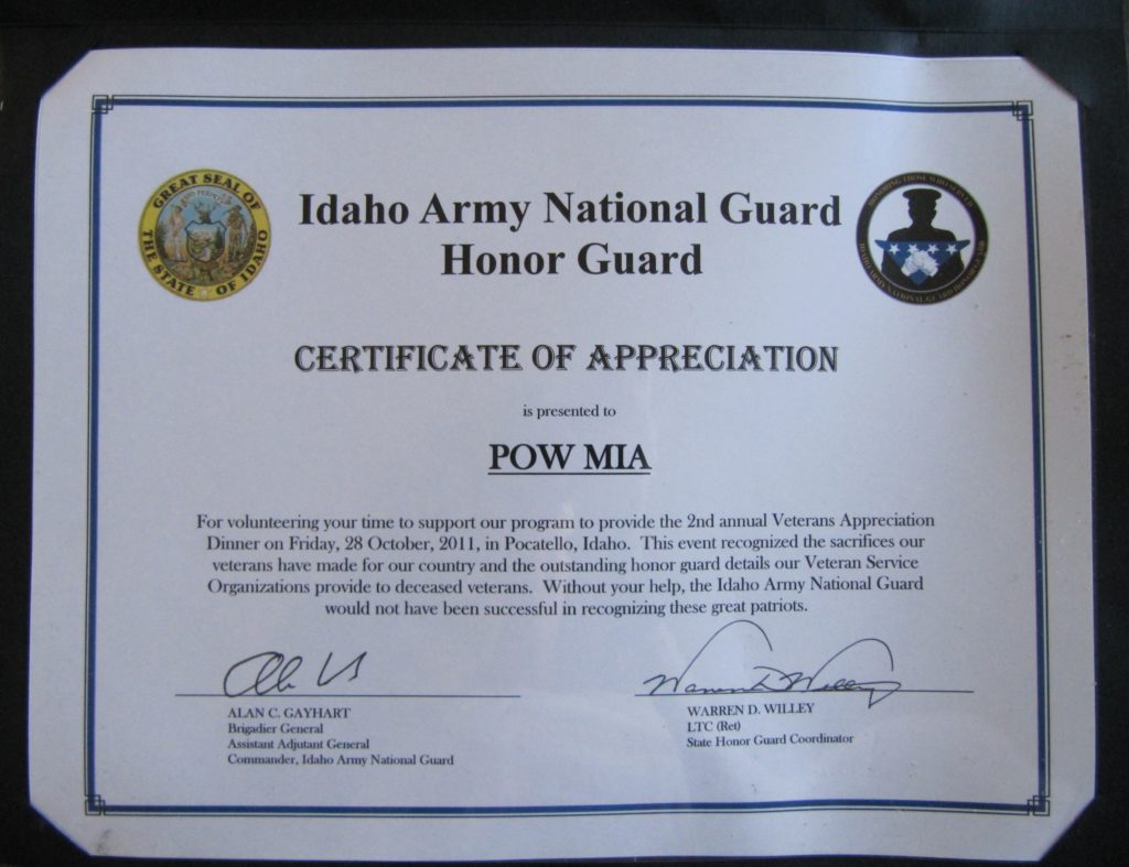 Idaho Army National Guard Honor Guard Certification of Appreciation ...